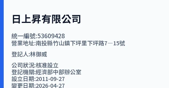 日上昇有限公司的照片-統編 53609428(南投縣) 公司登記資料與營業項目詳細圖表