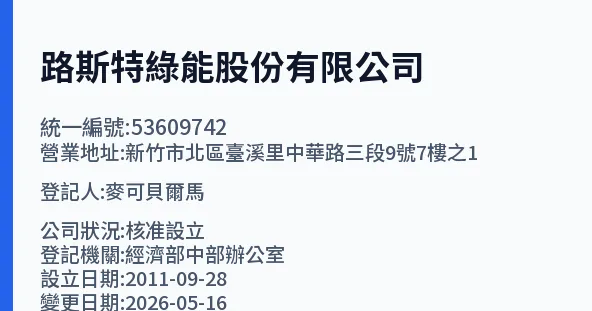 路斯特綠能股份有限公司的照片-統編 53609742(新竹市) 公司登記資料與營業項目詳細圖表