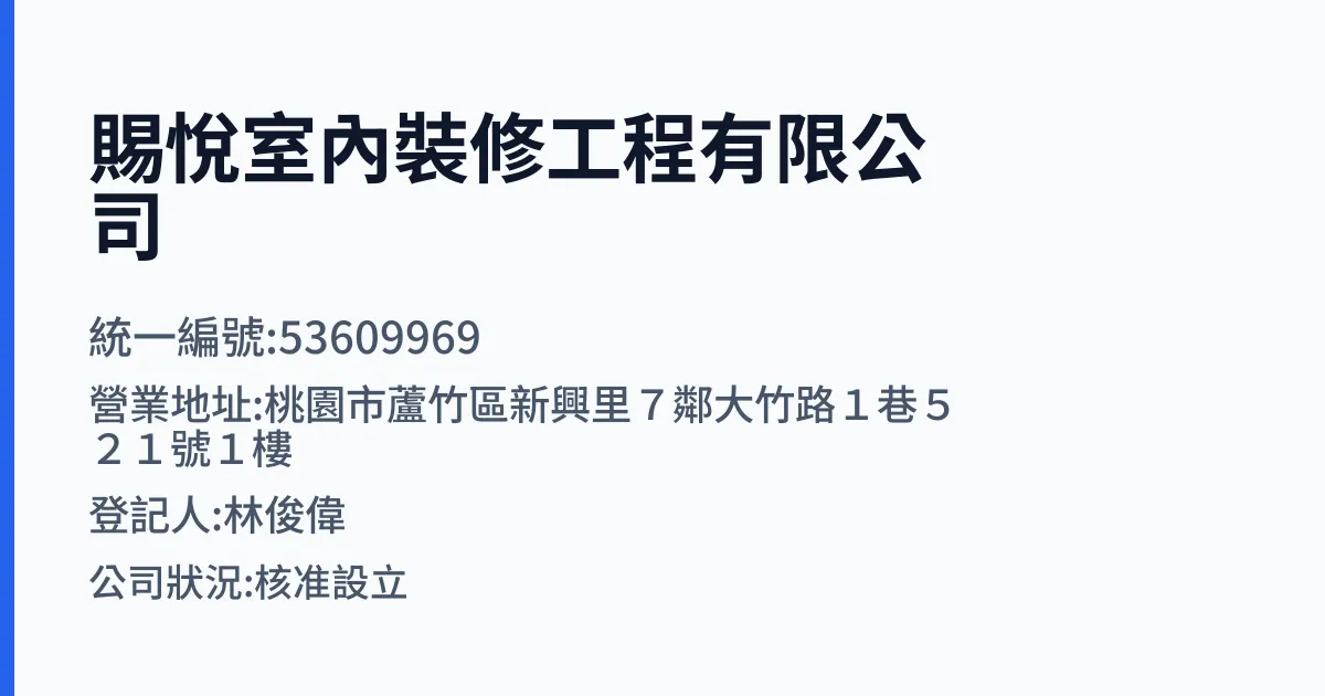 賜悅室內裝修工程有限公司 - 統編 53609969(桃園市) 公司登記資料與營業項目詳細圖表