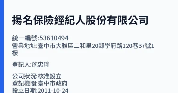 揚名保險經紀人股份有限公司的照片-統編 53610494(臺中市) 公司登記資料與營業項目詳細圖表