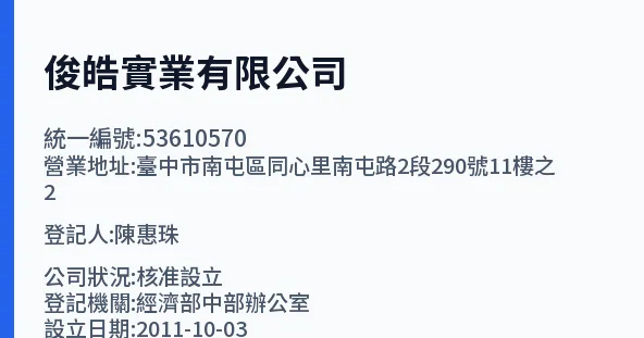 俊皓實業有限公司的照片-統編 53610570(臺中市) 公司登記資料與營業項目詳細圖表