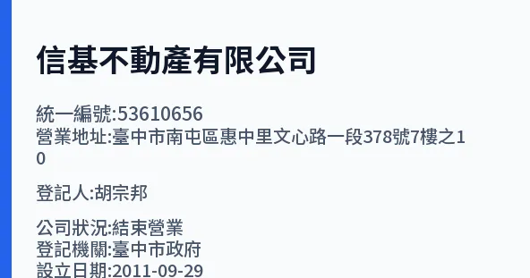 信基不動產有限公司的照片-統編 53610656(臺中市) 公司登記資料與營業項目詳細圖表
