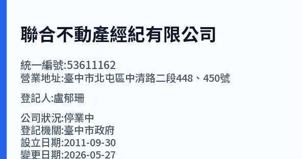聯合不動產經紀有限公司的照片-統編 53611162(臺中市) 公司登記資料與營業項目詳細圖表