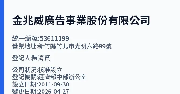 金兆威廣告事業股份有限公司的照片-統編 53611199(新竹縣) 公司登記資料與營業項目詳細圖表