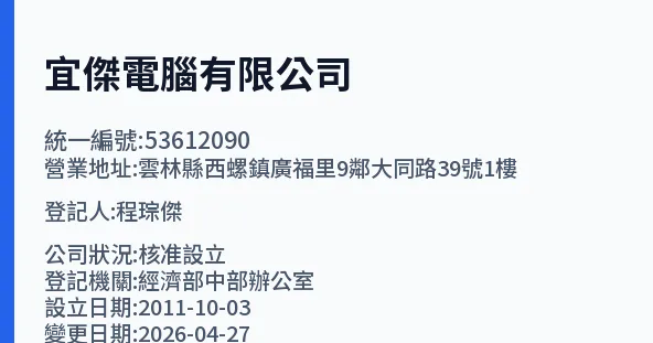 宜傑電腦有限公司的照片-統編 53612090(雲林縣) 公司登記資料與營業項目詳細圖表