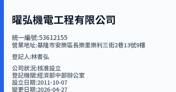 曜弘機電工程有限公司的照片-統編 53612155(基隆市) 公司登記資料與營業項目詳細圖表