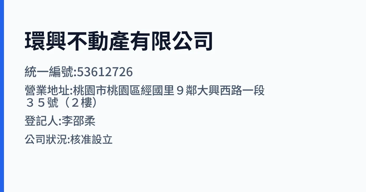 環興不動產有限公司 - 統編 53612726(桃園市) 公司登記資料與營業項目詳細圖表