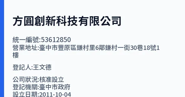 方圓創新科技有限公司的照片-統編 53612850(臺中市) 公司登記資料與營業項目詳細圖表