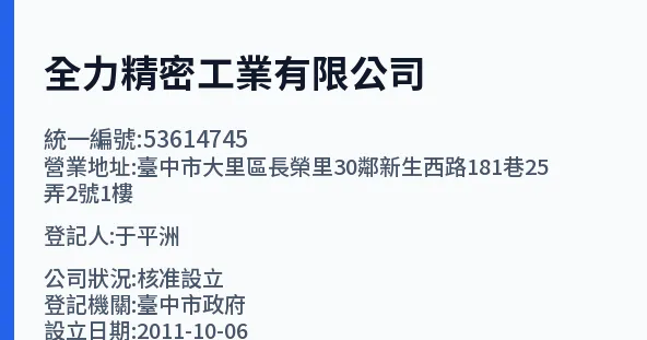 全力精密工業有限公司的照片-統編 53614745(臺中市) 公司登記資料與營業項目詳細圖表