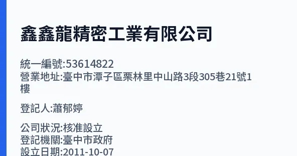 鑫鑫龍精密工業有限公司的照片-統編 53614822(臺中市) 公司登記資料與營業項目詳細圖表