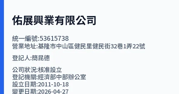 佑展興業有限公司的照片-統編 53615738(基隆市) 公司登記資料與營業項目詳細圖表