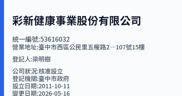 彩新健康事業股份有限公司的照片-統編 53616032(臺中市) 公司登記資料與營業項目詳細圖表