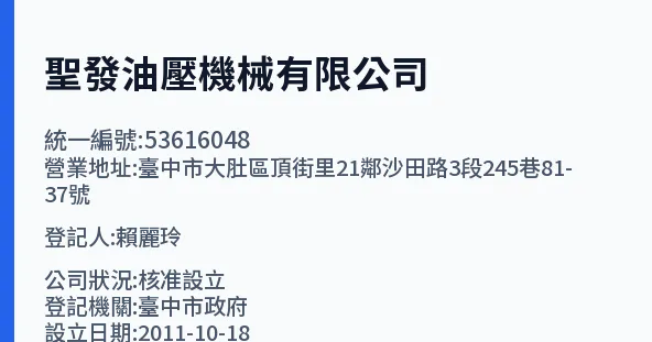 聖發油壓機械有限公司的照片-統編 53616048(臺中市) 公司登記資料與營業項目詳細圖表