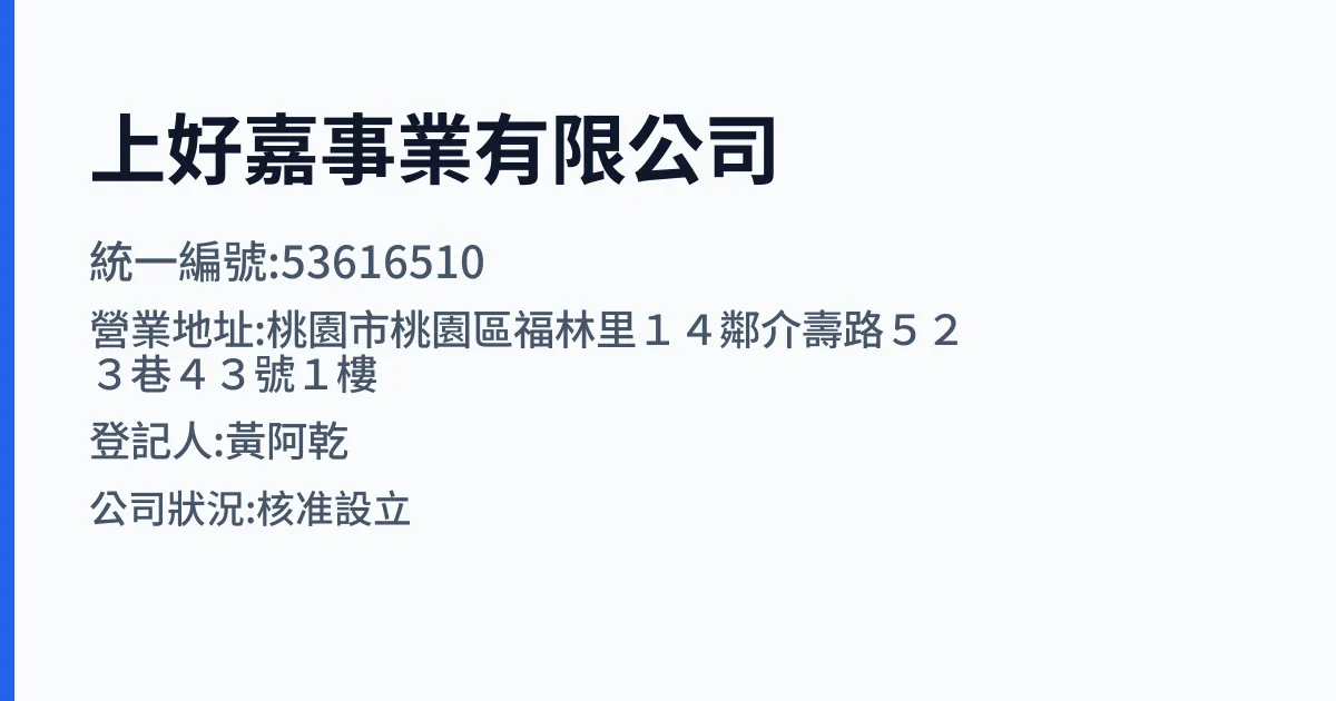 上好嘉事業有限公司 - 統編 53616510(桃園市) 公司登記資料與營業項目詳細圖表