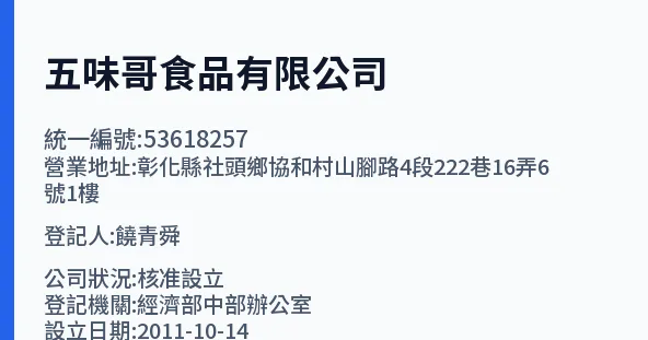 五味哥食品有限公司的照片-統編 53618257(彰化縣) 公司登記資料與營業項目詳細圖表
