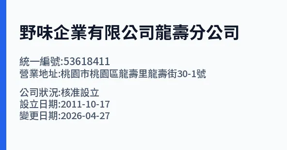 野味企業有限公司龍壽分公司的照片-統編 53618411(桃園市) 公司登記資料與營業項目詳細圖表