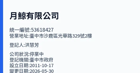 月鯨有限公司的照片-統編 53618427(臺中市) 公司登記資料與營業項目詳細圖表
