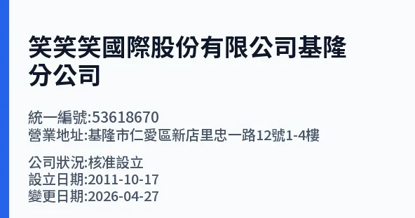 笑笑笑國際股份有限公司基隆分公司的照片-統編 53618670(基隆市) 公司登記資料與營業項目詳細圖表