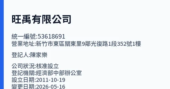 旺禹有限公司的照片-統編 53618691(新竹市) 公司登記資料與營業項目詳細圖表