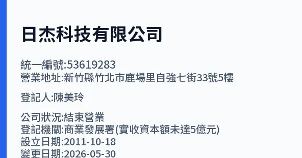 日杰科技有限公司的照片-統編 53619283(新竹縣) 公司登記資料與營業項目詳細圖表