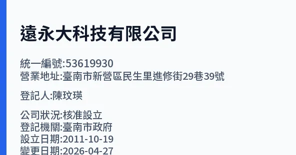 遠永大科技有限公司的照片-統編 53619930(臺南市) 公司登記資料與營業項目詳細圖表