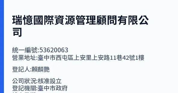 瑞憶國際資源管理顧問有限公司的照片-統編 53620063(臺中市) 公司登記資料與營業項目詳細圖表