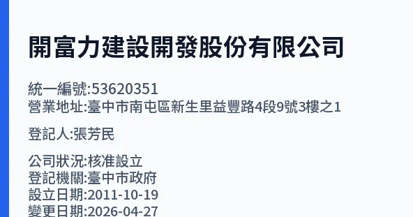 開富力建設開發股份有限公司的照片-統編 53620351(臺中市) 公司登記資料與營業項目詳細圖表