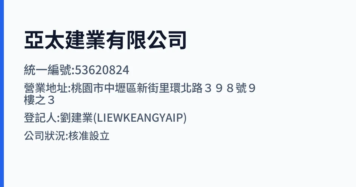 亞太建業有限公司 - 統編 53620824(桃園市) 公司登記資料與營業項目詳細圖表
