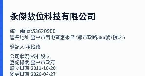 永傑數位科技有限公司的照片-統編 53620900(臺中市) 公司登記資料與營業項目詳細圖表