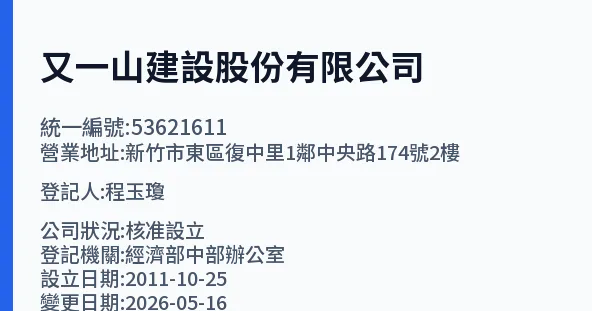 又一山建設股份有限公司的照片-統編 53621611(新竹市) 公司登記資料與營業項目詳細圖表