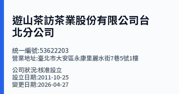 遊山茶訪茶業股份有限公司台北分公司的照片-統編 53622203(臺北市) 公司登記資料與營業項目詳細圖表