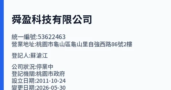 舜盈科技有限公司的照片-統編 53622463(桃園市) 公司登記資料與營業項目詳細圖表