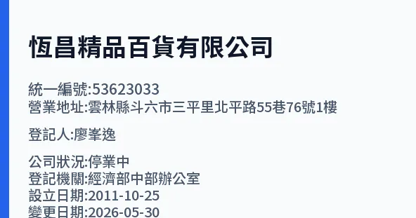 恆昌精品百貨有限公司的照片-統編 53623033(雲林縣) 公司登記資料與營業項目詳細圖表