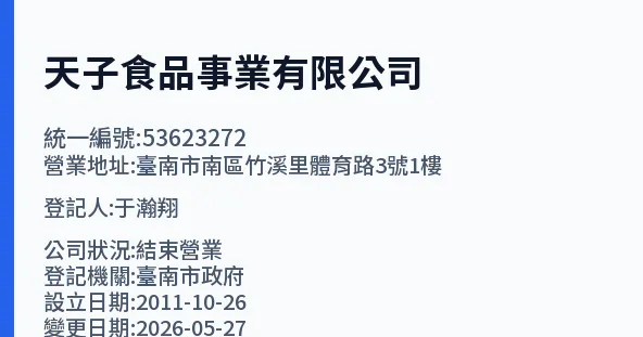 天子食品事業有限公司的照片-統編 53623272(臺南市) 公司登記資料與營業項目詳細圖表