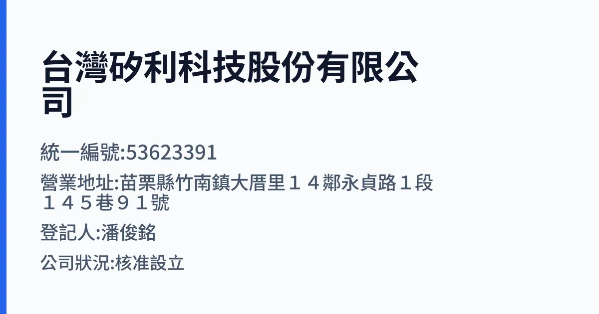 台灣矽利科技股份有限公司 - 統編 53623391(苗栗縣) 公司登記資料與營業項目詳細圖表