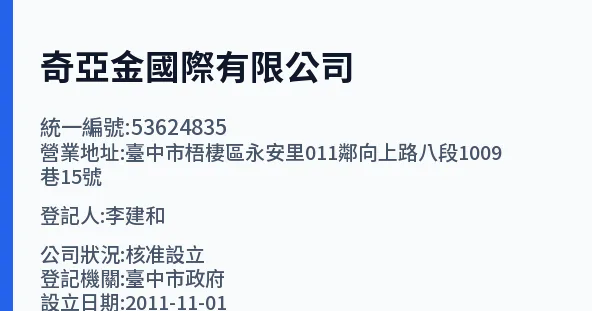 奇亞金國際有限公司的照片-統編 53624835(臺中市) 公司登記資料與營業項目詳細圖表