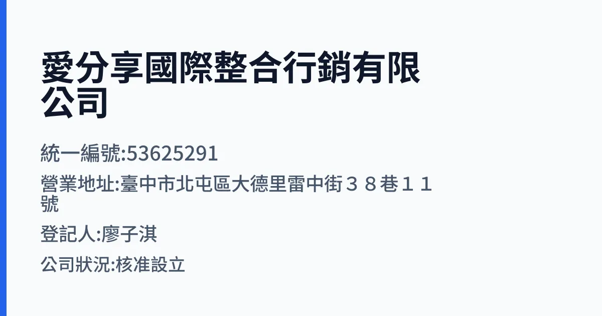 愛分享國際整合行銷有限公司 - 統編 53625291(臺中市) 公司登記資料與營業項目詳細圖表