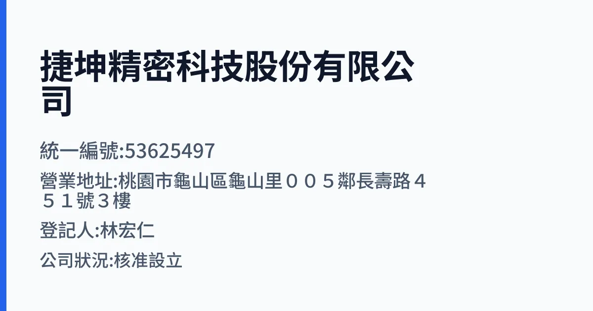 捷坤精密科技股份有限公司 - 統編 53625497(桃園市) 公司登記資料與營業項目詳細圖表