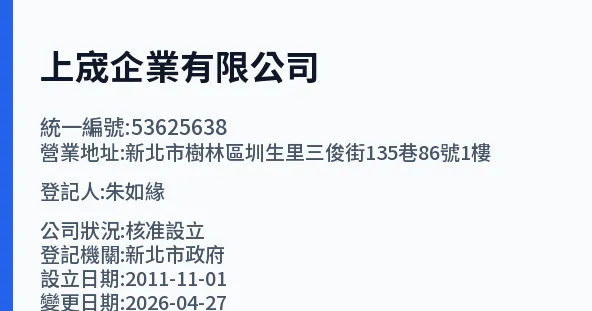 上宬企業有限公司的照片-統編 53625638(新北市) 公司登記資料與營業項目詳細圖表