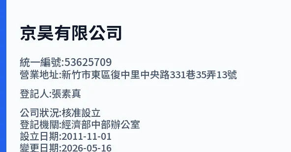 京昊有限公司的照片-統編 53625709(新竹市) 公司登記資料與營業項目詳細圖表