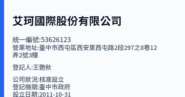 艾珂國際股份有限公司的照片-統編 53626123(臺中市) 公司登記資料與營業項目詳細圖表