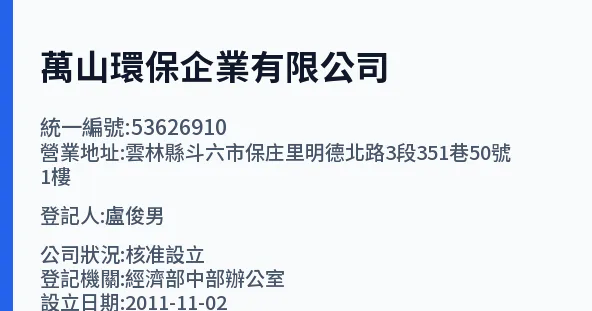 萬山環保企業有限公司的照片-統編 53626910(雲林縣) 公司登記資料與營業項目詳細圖表