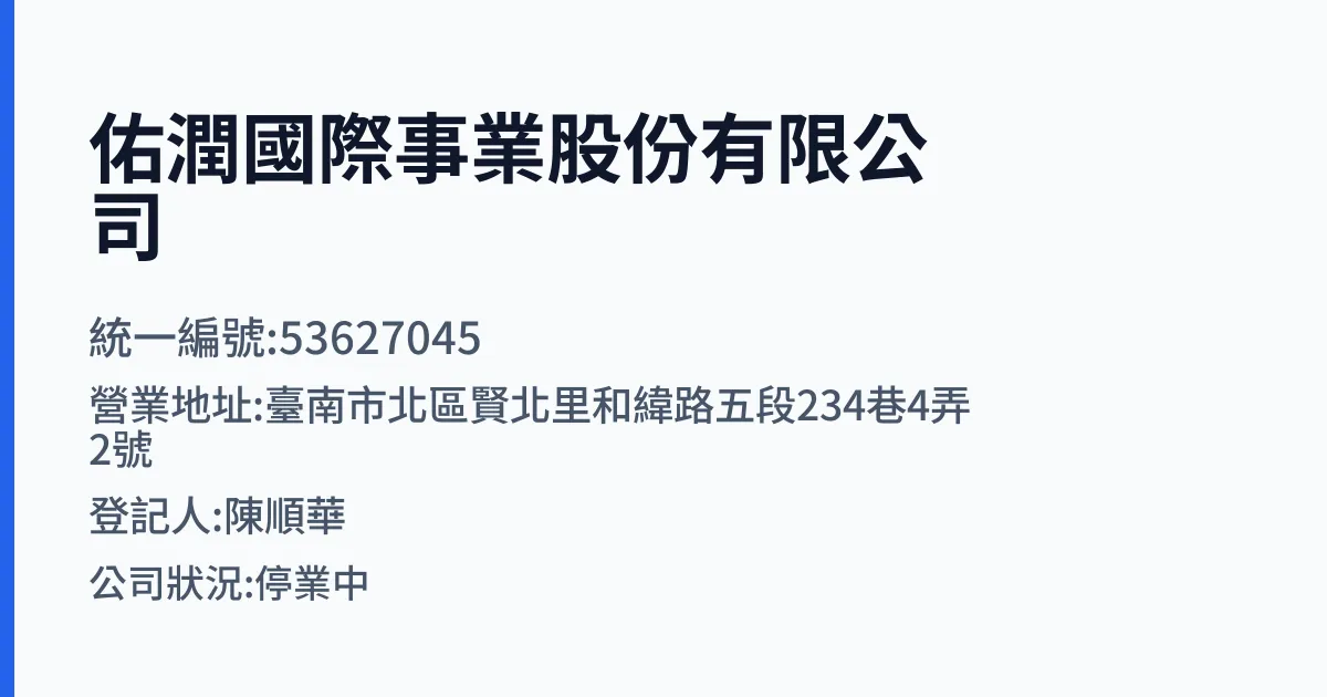 佑潤國際事業股份有限公司 - 統編 53627045(臺南市) 公司登記資料與營業項目詳細圖表
