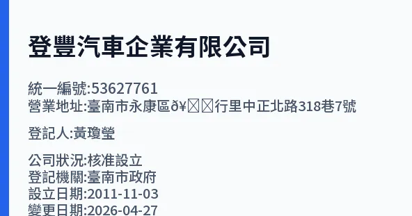 登豐汽車企業有限公司的照片-統編 53627761(臺南市) 公司登記資料與營業項目詳細圖表