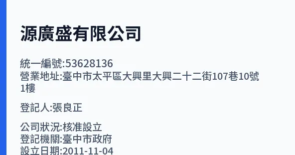 源廣盛有限公司的照片-統編 53628136(臺中市) 公司登記資料與營業項目詳細圖表