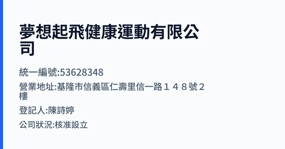 夢想起飛健康運動有限公司 - 統編 53628348(基隆市) 公司登記資料與營業項目詳細圖表