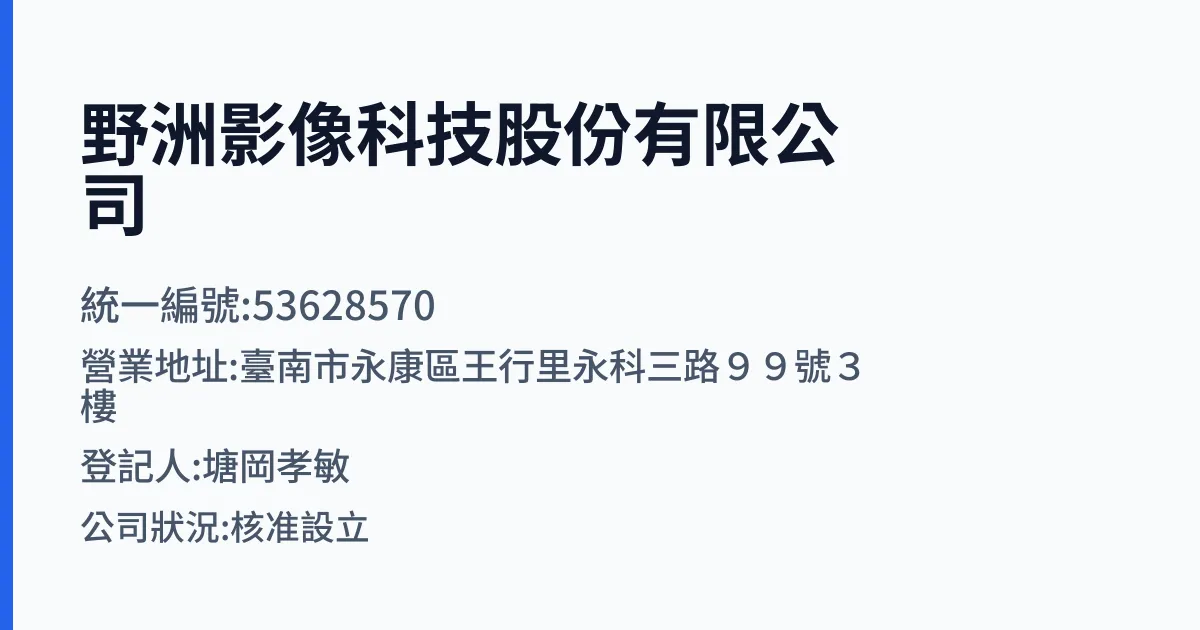 野洲影像科技股份有限公司 - 統編 53628570(臺南市) 公司登記資料與營業項目詳細圖表