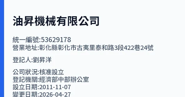 油昇機械有限公司的照片-統編 53629178(彰化縣) 公司登記資料與營業項目詳細圖表
