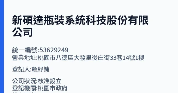 新碩達瓶裝系統科技股份有限公司的照片-統編 53629249(桃園市) 公司登記資料與營業項目詳細圖表