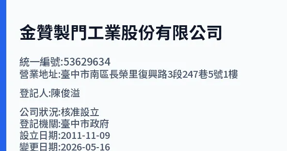 金贊製門工業股份有限公司的照片-統編 53629634(臺中市) 公司登記資料與營業項目詳細圖表